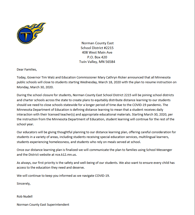 Distance Learning Family Letter | Norman County East School